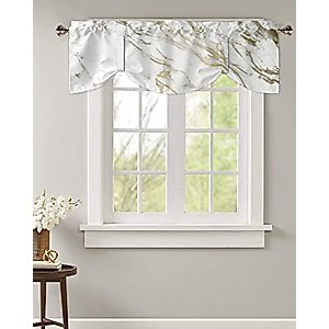 Tie Up Valance for Kitchen Windows,Abstract White Marble Gold Inlay Adjustable Valances Rod Pocket Short Curtain,Modern Simple Geometric Tie Up Curtains Valance for Bedroom Bathroom 60x18in