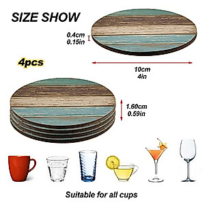 Teal Green Brown Retro Rustic Wood Texture Drinks Coasters, Non-Scratch Cork Base Round Cups Mats for Home Kitchen Bar Decor