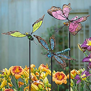Juegoal 34 Inch Butterfly Garden Stakes Decor, Dragonfly Hummingbird Stakes, Glow in Dark Metal Yard Art for Mom, Mothers Day Ideal Gifts, Indoor Outdoor Lawn Pathway Patio Ornaments, Set of 3