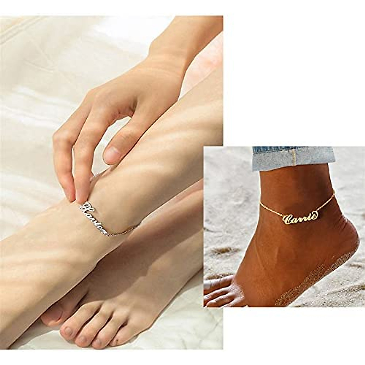 DayOfShe Personalized Name Bracelet or Anklet for Women Birthday Gifts, Custom Bracelets with Name Heart Chain Bracelet Cuff Women Gifts