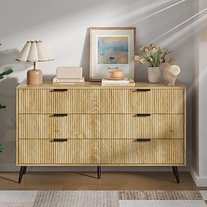 6 Drawer Double Dresser for Bedroom, Modern Dressers Chest of Drawers with Fluted Panel, Wide Wood Storage Dresser Organizer, Dresser TV Stand for Bedroom, Living Room (6Drawer-Wood-wu)