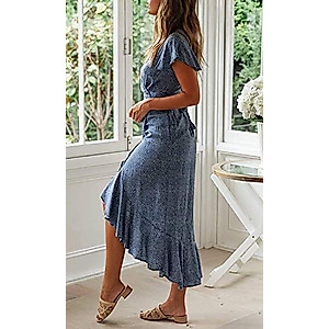 ZESICA Women's 2023 Bohemian Floral Printed Wrap V Neck Short Sleeve Split Beach Party Maxi Dress,Light BlueFloral,Small