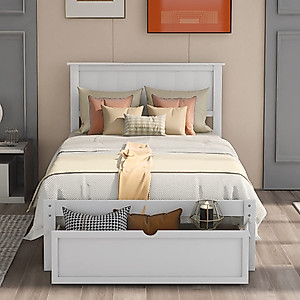 Merax Twin Bed Frames, Wood Twin Platform Bed Frame with Storage Drawer, Twin Kids Bed with Headboard for Girls Boys, No Box Spring Needed,White