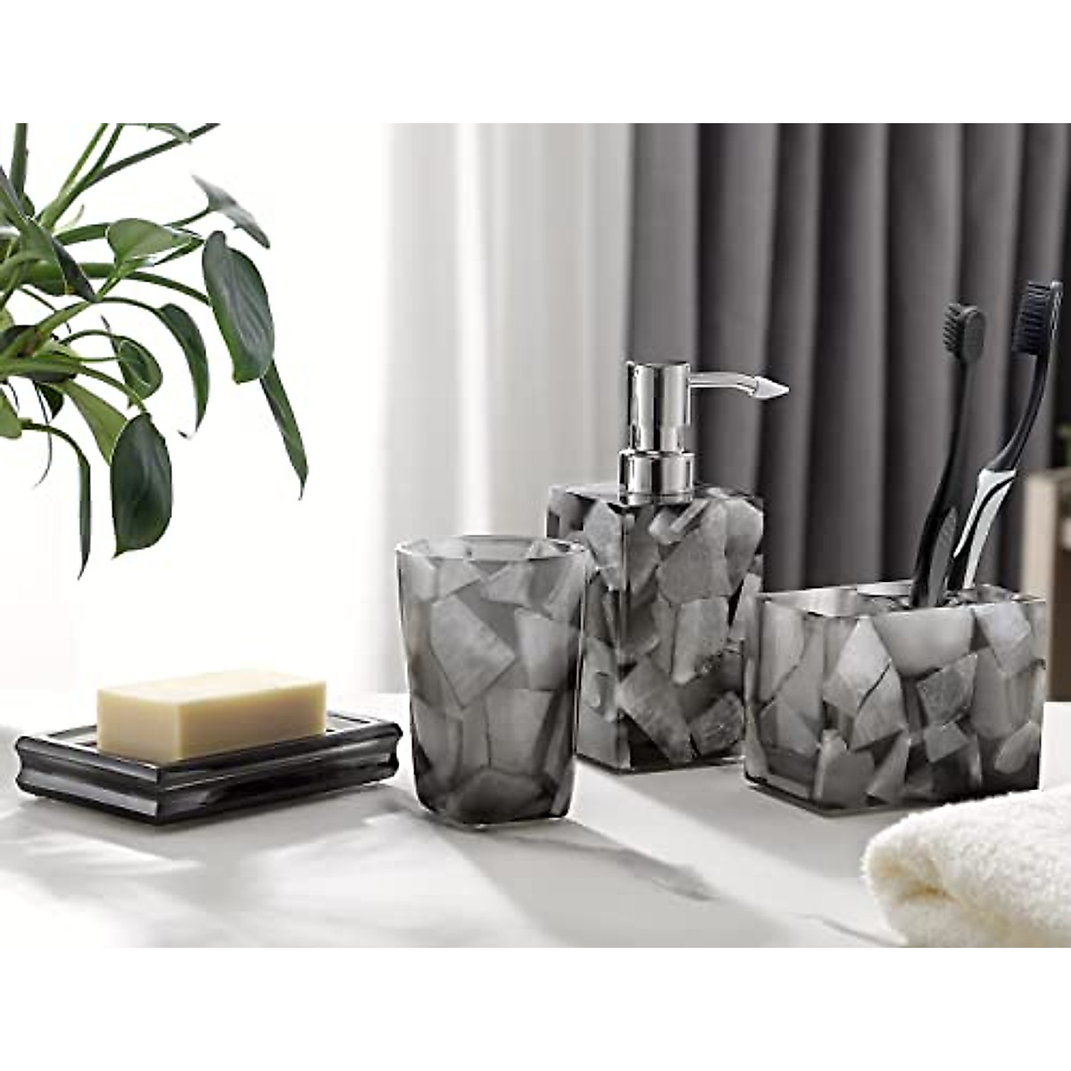 AIMONE Bathroom Accessories Set - 4 Pcs Black Marble Bathroom Sets - Includes Soap Dispenser, Toothbrush Holder, Tumblers & Soap Dish- Housewarming Gift - Bathroom Vanity Countertop Organizer