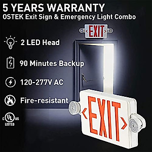 OSTEK Red LED Exit Sign with Emergency Light, Two LED Adjustable Head Emergency Exit Lights with Battery Backup, Dual LED Lamp ABS Fire Resistance UL-Listed 2Pack
