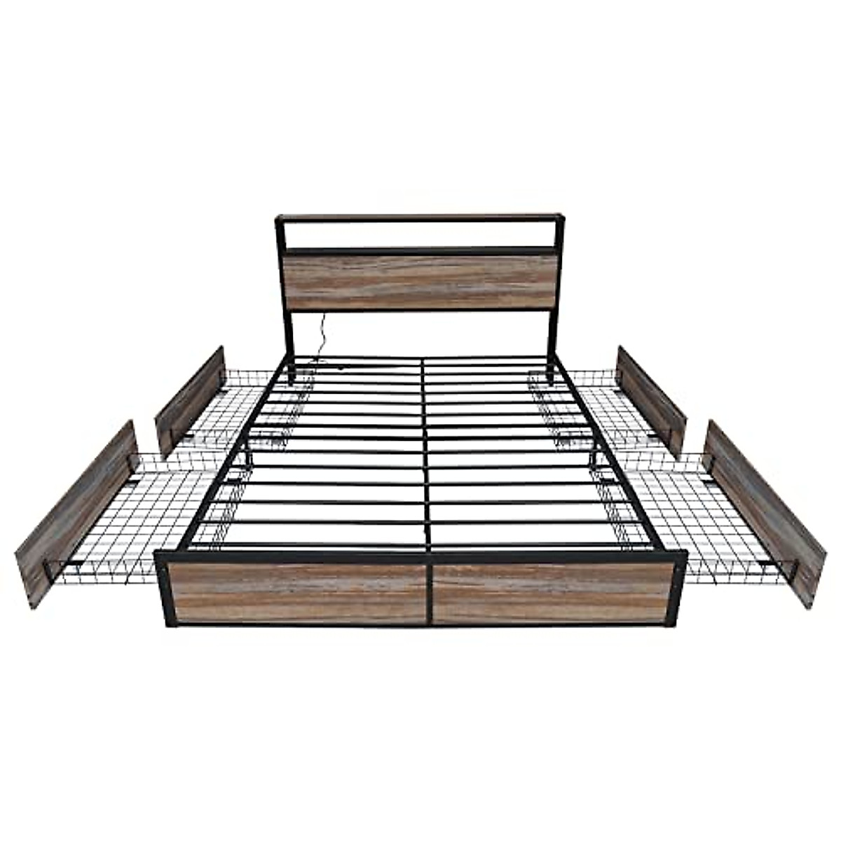 ARTETHYS Queen Led Bed Frame with 4 Storage Drawers, Wood Bed Frame with 2-Tires Storage Headboard and Charging Station, Metal Platform Bed with 2 Free Storage Bags, Noise-Free, No Box Spring Needed