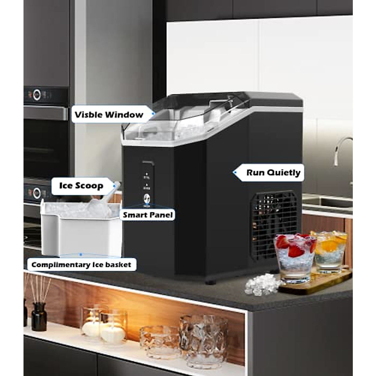 Nugget Ice Maker Countertop, Crushed Chewable Ice Maker, Self Cleaning Ice Makers with One-Click Operation, 34Lbs/24H, Pebble Portable Ice Machine with Ice Scoop for Home Bar Camping RV