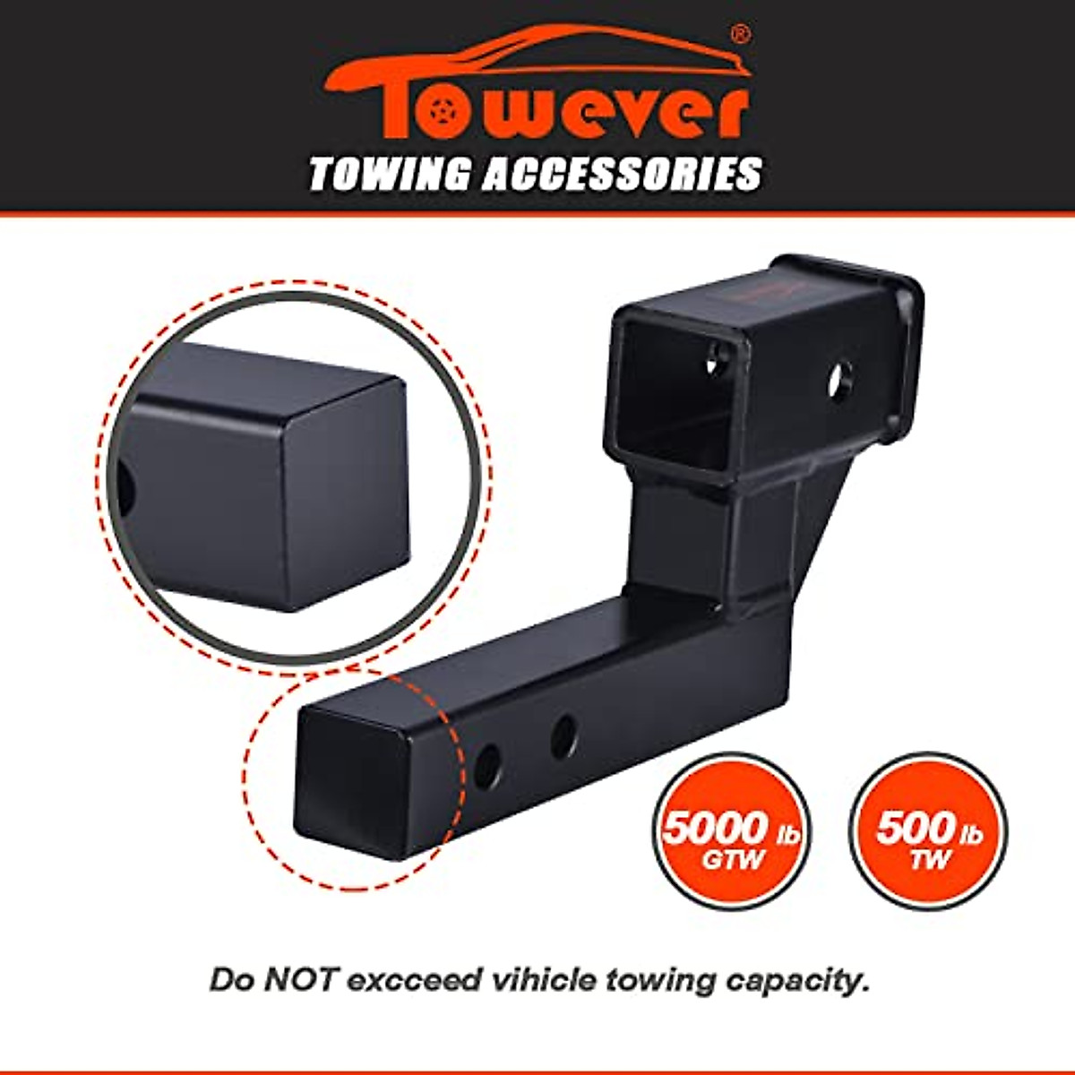 Towever 84122 Hitch Extender 2 Inch Receiver with 4" Drop/Rise, 9" Hitch Extension Riser with Solid Tube (GTW/TW 5000/500 LBS)