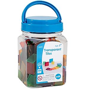 edx education Transparent Tiles - Mini Jar - Colorful, Plastic Squares - Light Box Accessory - Sensory Play - Math Manipulative