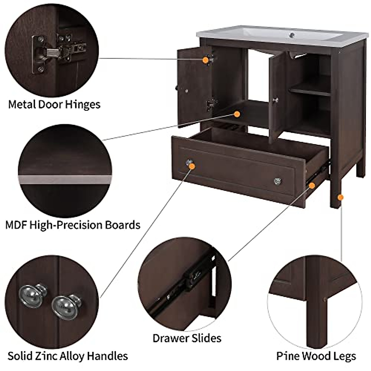 QuixotYDDZ 30 Inches Bathroom Vanity Base Only, Bathroom Vanity Base Cabinet with Cabinet and Drawer, Single-Bathroom Vanity Cabinet with Soft Closing Doors, No Inclde Ceramic Sink, Brown