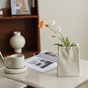Crinkle Paper Bag Shape Ceramic Vase, Large Capacity for Flower Arrangement, Bookshelf Decorative (Matte Crème)