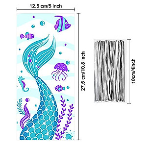 100 Pieces Mermaid Party Favors Bags Birthday Party Treat Bags Cellophane Clear Mermaid Tail Theme Cookie Candy Goodie Bags with 100 Silver Twist Ties for Under the Mermaid Sea Birthday Supplies