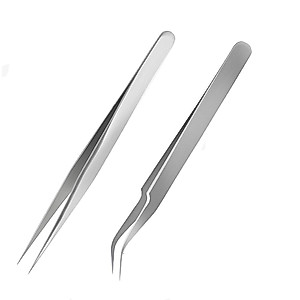 2Pcs Professional Stainless Steel Nail Art Tweezers Curved Straight Tip False Eyelash Extension Nippers Clip Tweezers Set for Nail Art Sticker Rhinestone Eyelash Picker Nail Design Beauty Tool, Silver