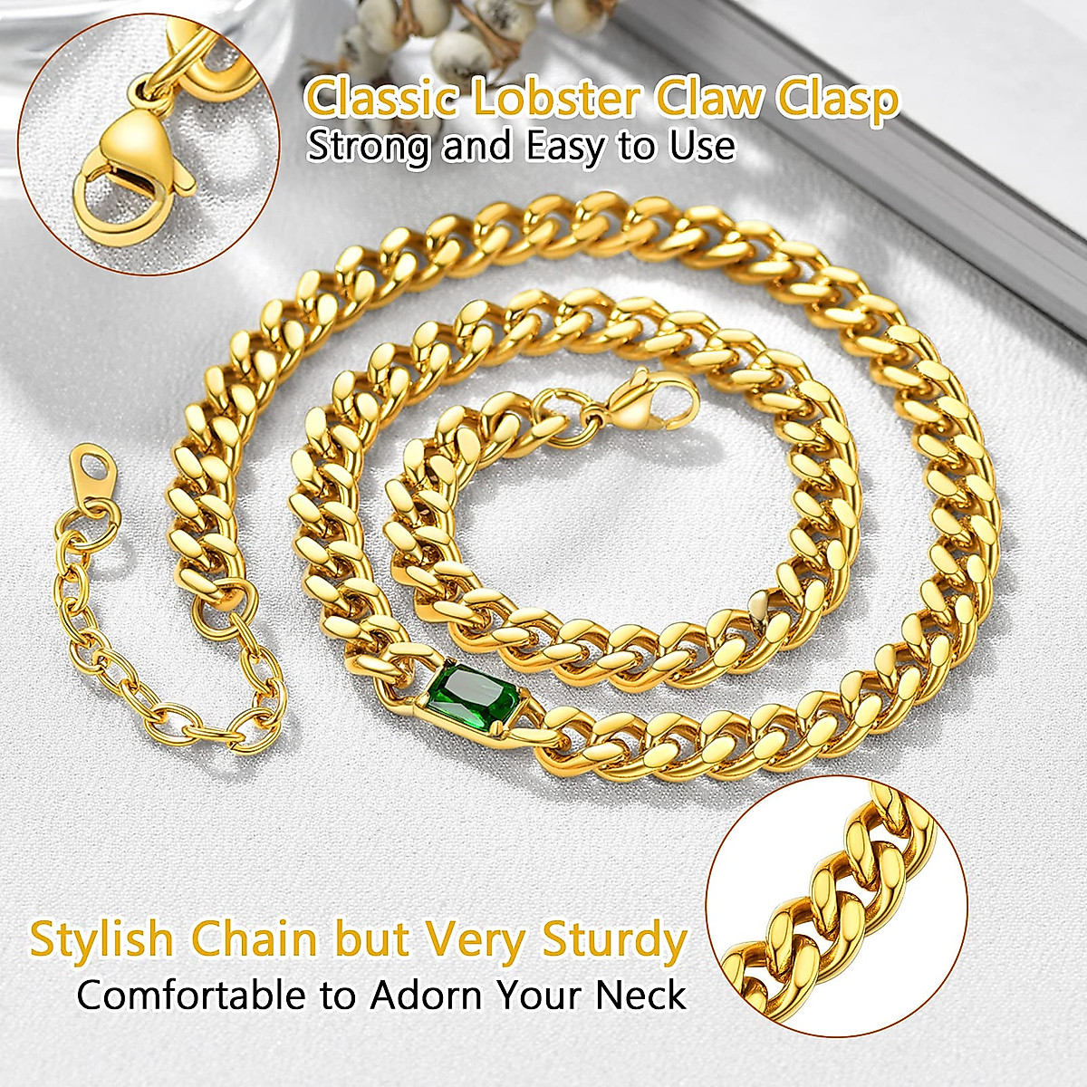 PROSTEEL Emerald Green Stone Jewelry Necklace For Women Cuban Link Chain Choker