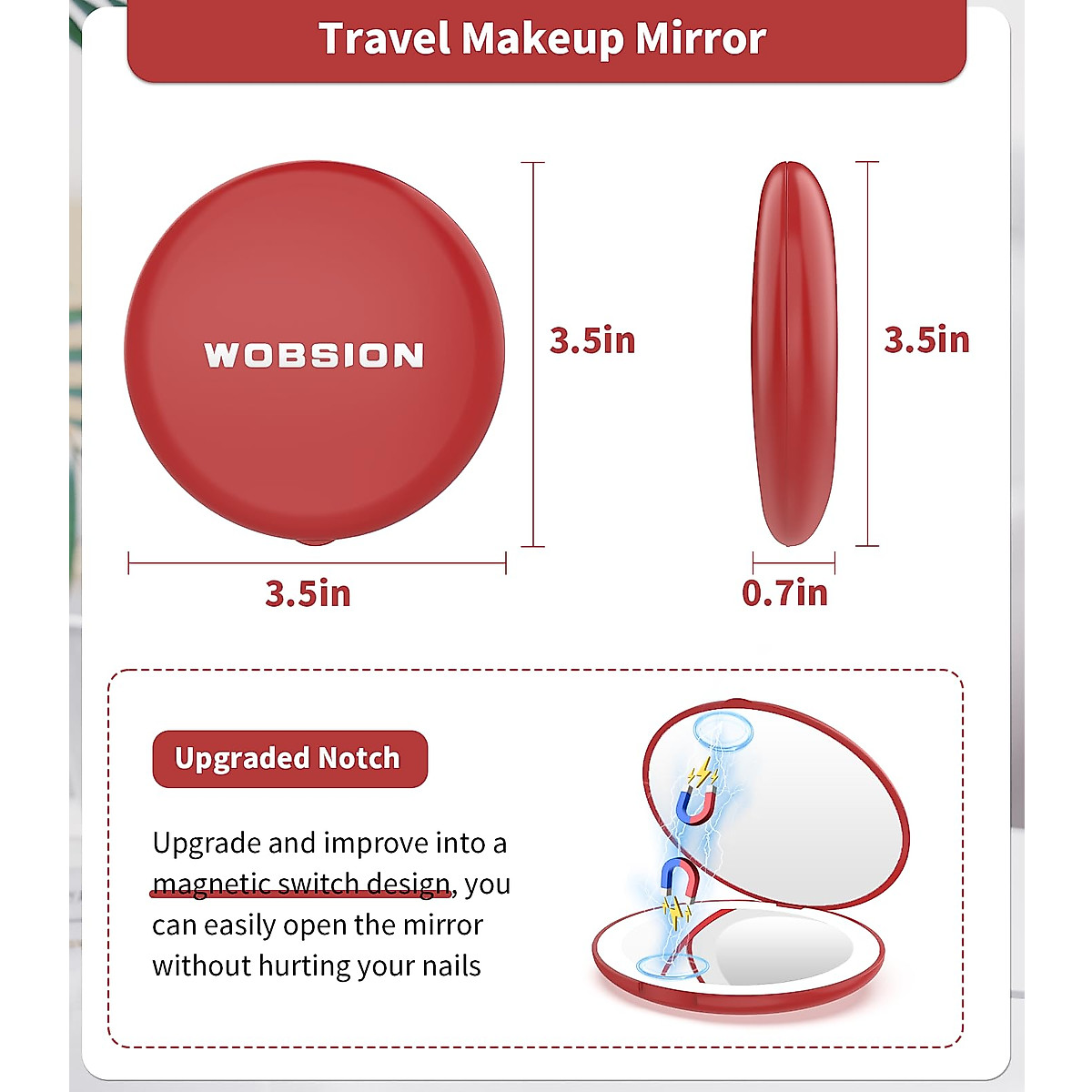 wobsion Travel Compact Mirror,Portable 1x/10x LED Makeup Mirror with Magnification,Handheld 2-Sided Pocket Mirror, 3.5in Small Mirror for Purse,Handbag,Gift,Wine Red