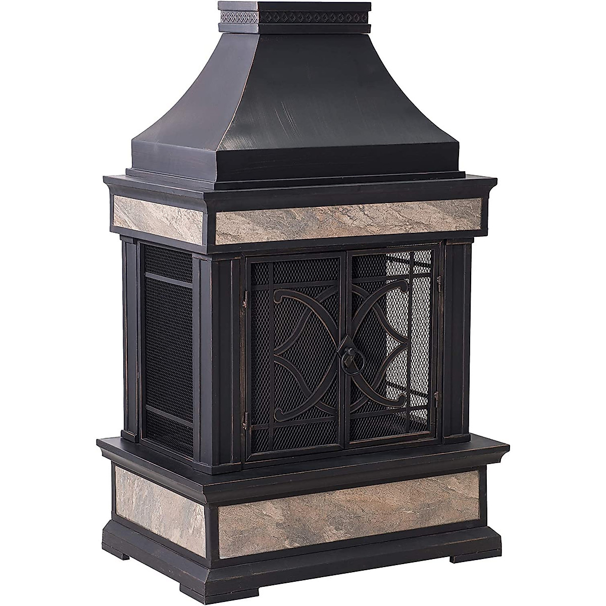 Sunjoy Outdoor Fireplace, Heirloom Patio Wood Burning Steel Fireplace with Chimney, Spark Screen, Fire Poker, and Removable Grate, Black