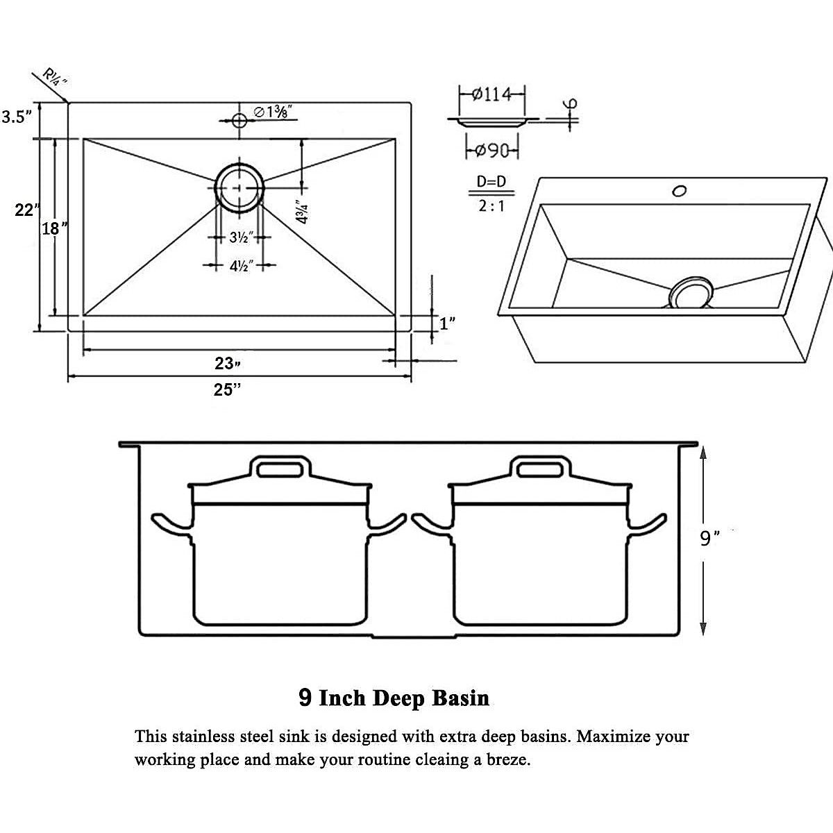 SHACO 25x22 Inch Drop In Kitchen Sink, Top Mount 16 Gauge 304 Stainless Steel 25 Inch Drop In RV Laundry Utility Sink, Brushed Nickel Single Bowl Sink Topmount Overmount Sink with Drain