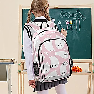 Vnurnrn Kids Backpack Pink Cute Halloween Ghost Print Big Storage Multi Pockets 17.7 IN School Backpack with Chest Buckle Reflective Strip for Boys Girls 6+ years in Primary Middle High School