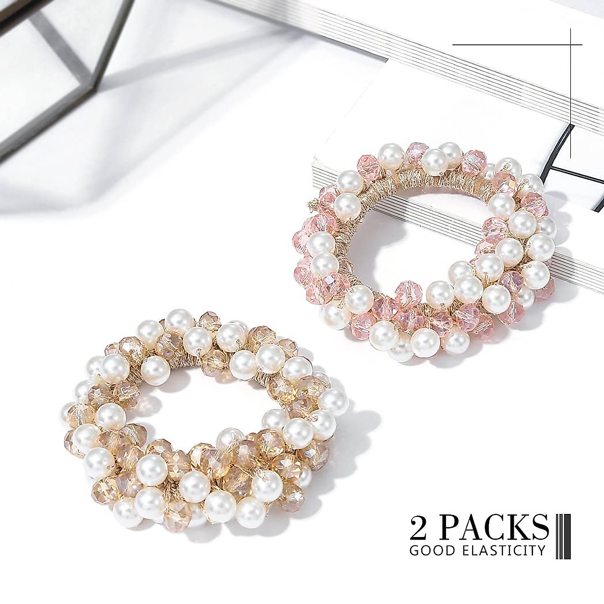 Brinie Pearl Rhinestone Ponytail Holder Pack: Pink Hair Ties, Elastic Bead Hair Bands, Stretchy Scrunchies for Women and Girls (Pack of 2)