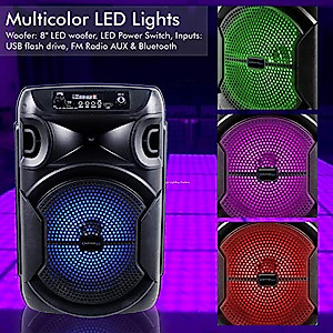 Portable 8 Inch Portable 800 watts Bluetooth Speaker with Woofer & Tweeter, Festival PA LED Speaker with Bluetooth/USB Card Inputs, True Wireless Stereo, 30 Feet Bluetooth Range