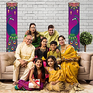 Diwali Porch Banner Deepavali Peacock Indian Festival of Lights Party Front Door Sign Wall Hanging Banner Decoration