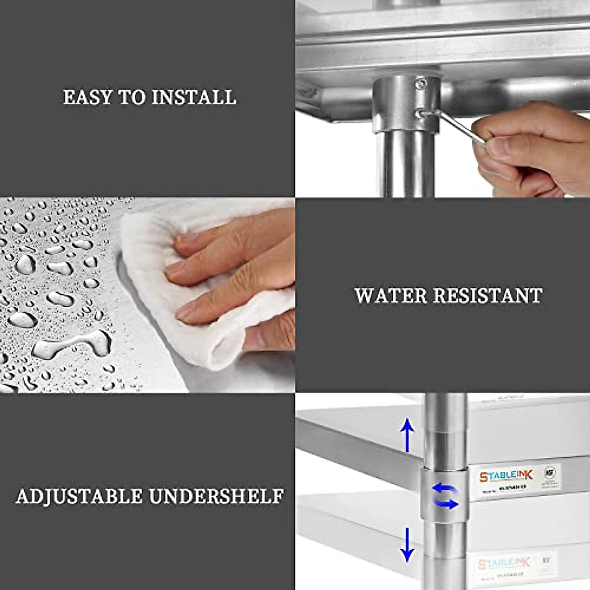 STABLEINK Stainless Steel Table with Caster Wheels 36 x 24 Inches, NSF Commercial Prep & Work Table with Adjustable Undershelf and Table Foot, for Commercial Kitchen, Restaurant, Hotel and Garage
