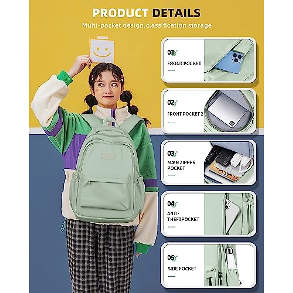 BOXSAM Lightweight School Backpack for Women Men, Laptop Travel Casual Daypack College Secondary School Bags Bookbag for Teenage Girls Boys, Green