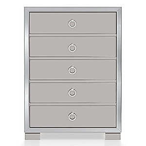 Mirrored 5 Drawers Chest, Modern Solid Wood Accent Storage Cabinet with Silver Finish and Crystal Knobs, 31" Tall Bedroom Dresser, Beautiful Wide Chest of Drawers Sofa Table for Living Room, Silver