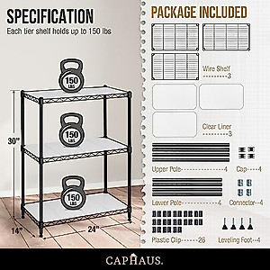 CAPHAUS NSF Adjustable Shelves Wire Shelving Unit w/Liner, Kitchen Storage Shelving, Metal Steel Storage Shelving, Garage Shelving Storage Organizer, Utility Shelf, 3-Tier no Wheel, Black