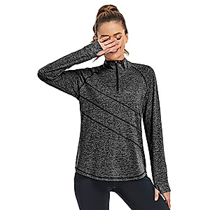 Black Long Sleeve Shirt Women,Cucuchy Hiking Shirts Raglan Sleeve V Neck Yoga Tops Lightweight Half Zipper Moisture Wicking Smooth Fashion Daily Workout Activewear Plain Black XLarge