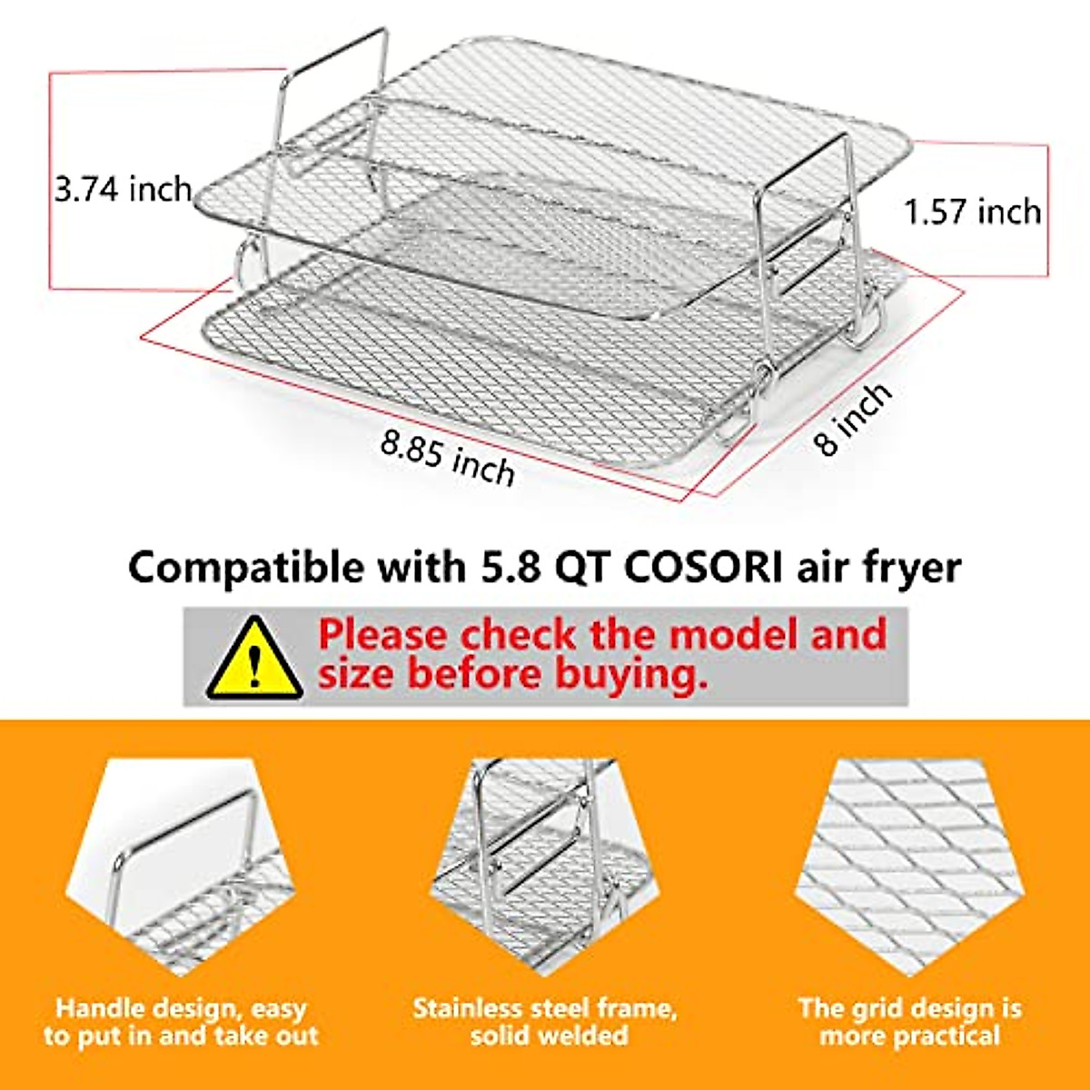 XIFEPFR Air Fryer Rack for COSORI Air Fryer 5.8Qt, 8 inch Square Double Stackable Racks, 304 Stainless Steel Multi-Layer Dehydrator Rack Air Fryer Accessories with Cooking Tongs Parchment Paper Liners