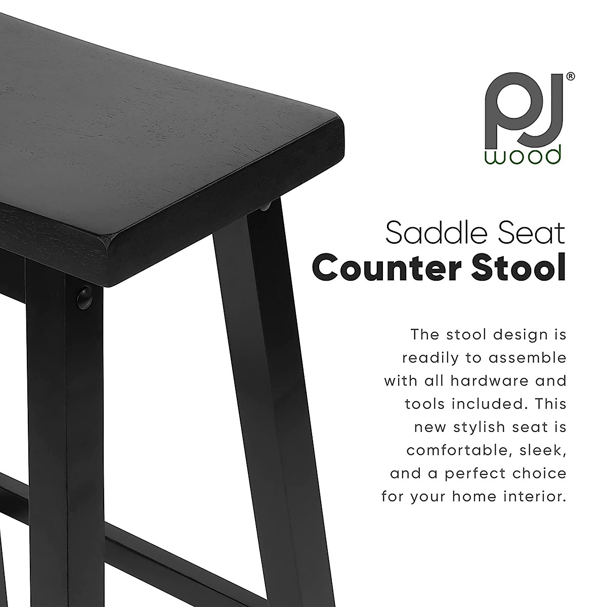 PJ Wood Classic Modern Solid Wood Backless Saddle Seat, 24 Inches Tall Easy Assemble Counter Stool with Durable Construction, Black (2 Pack)