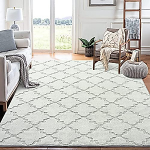 JOLENE.K 8x10 Large Shag Bedroom Rug, Untra Soft Solid Lattice Rug, Tufted Modern Geometric Area Rug Non-Shedding, Non Slip Moroccan Area Rug, Indoor Living Room Area Rugs, Grey 8'x10'