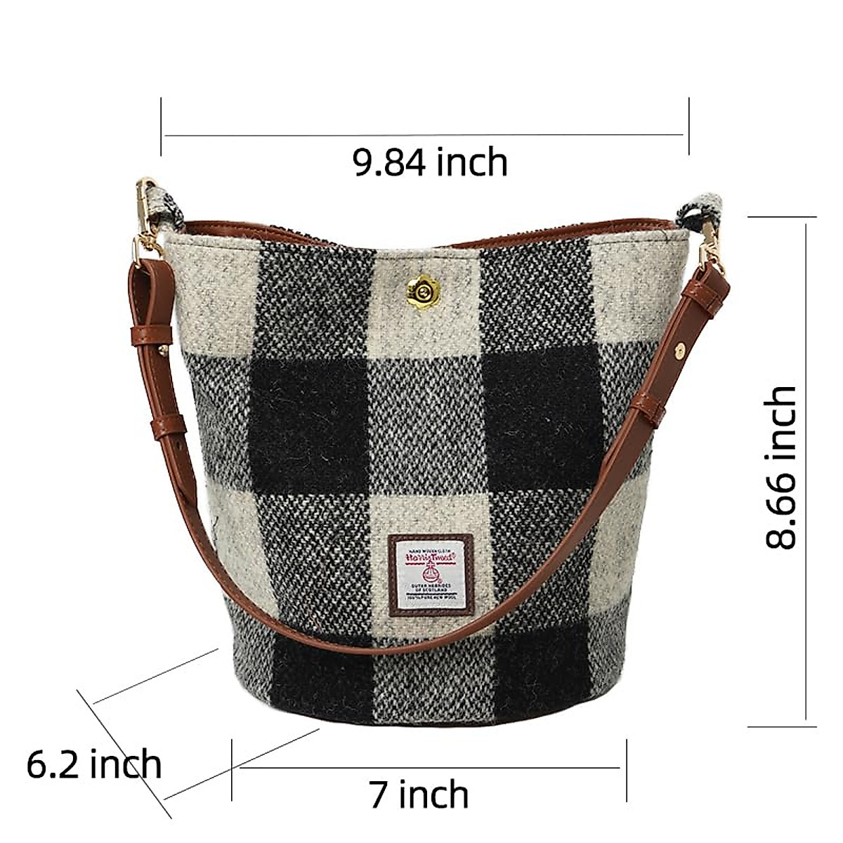 Harris Tweed Women Bucket bag Shoulder bag Handbag with Two kinds of Leather Strap (Black White Plaid)