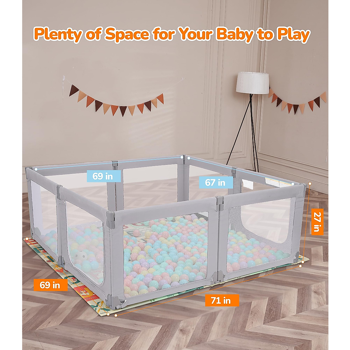 Dripex Foldable Baby Playpen, 71"×69" Play Pens for Babies and Toddlers, Safe Anti-Fall Play Yard with Gates, Baby Fence with Breathable Mesh, Indoor & Outdoor Kids Activity Center, Ash Grey