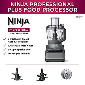 Ninja BN601 Professional Plus Food Processor, 1000 Peak Watts, 4 Functions for Chopping, Slicing, Purees & Dough with 9-Cup Processor Bowl, 3 Blades, Food Chute & Pusher, Silver
