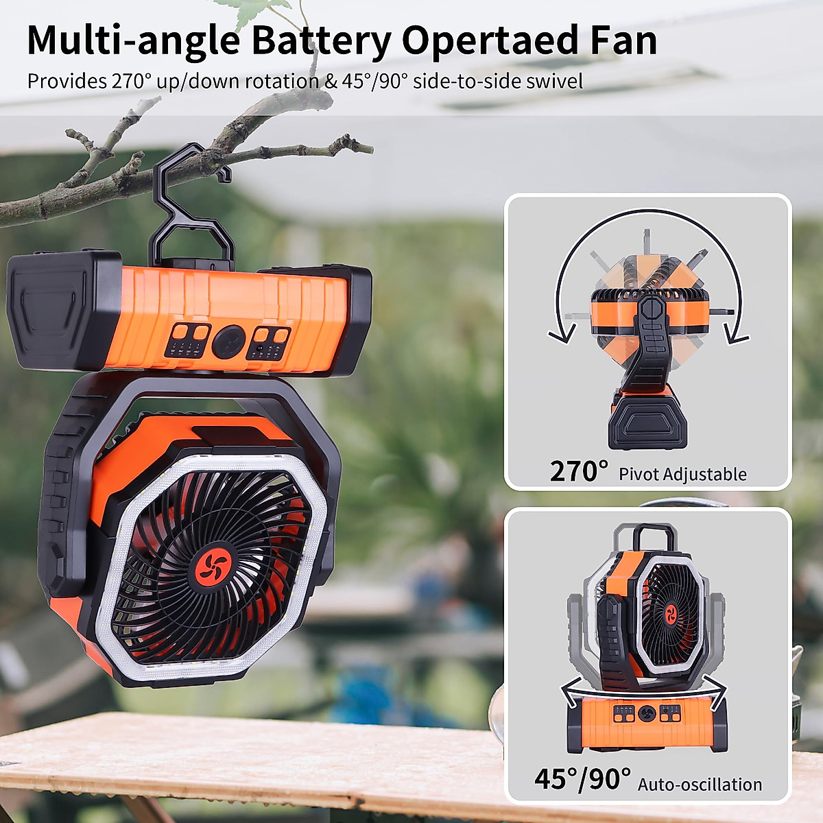 𝟐𝟎𝟎𝟎𝟎𝐦𝐀𝐡 Camping Fan Battery Powered Fan with LED Lantern, Portable Camping Fan for tents, 8H Timer & 270°Osicllating Fan Rechargeable Battery Operated Fan, USB Desk Fan Beach Fan with Hook