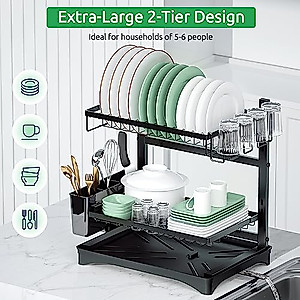 KOOTETA Dish Drying Rack, 2-Tier Dish Rack for Kitchen Counter, Space Saving Kitchen Drying Rack, Dish Dryer Rack with Drainboard, Utensil Holder and Cup Holders, Black