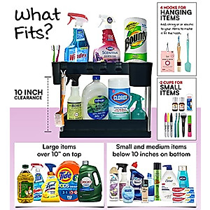 2 PACK Under Sink Organizer Rack 2 Tier Under Sliding Cabinet Basket Organizer Drawer With Bathroom Cabinet Storage Drawer With 4 Hooks