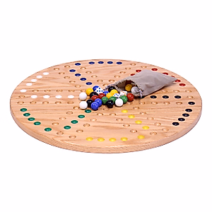 AmishToyBox.com Wahoo Marble Game Board Set - Round 18" Wide Marbles Game - Solid Oak Wood - Double-Sided - with Large 18mm Marbles and Dice Included