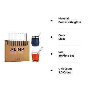 ALINK Short Glass Straws, 6 in x 10 mm Clear Straws for Cocktails, Whiskey, Coffee, Pack of 8 with Cleaning Brush