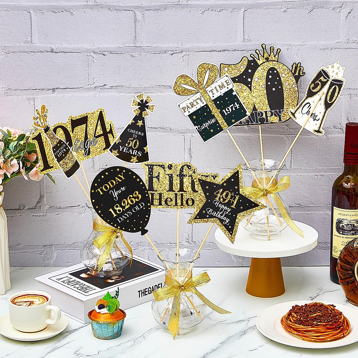 Yeaqee 31 Pcs Sets 50th 60th 70th Birthday Party Decorations Birthday Table Centerpiece Black and Gold Centerpieces for Tables Birthday Sticks Table Toppers with LED Lights Plastic Jar Ribbon(50th)