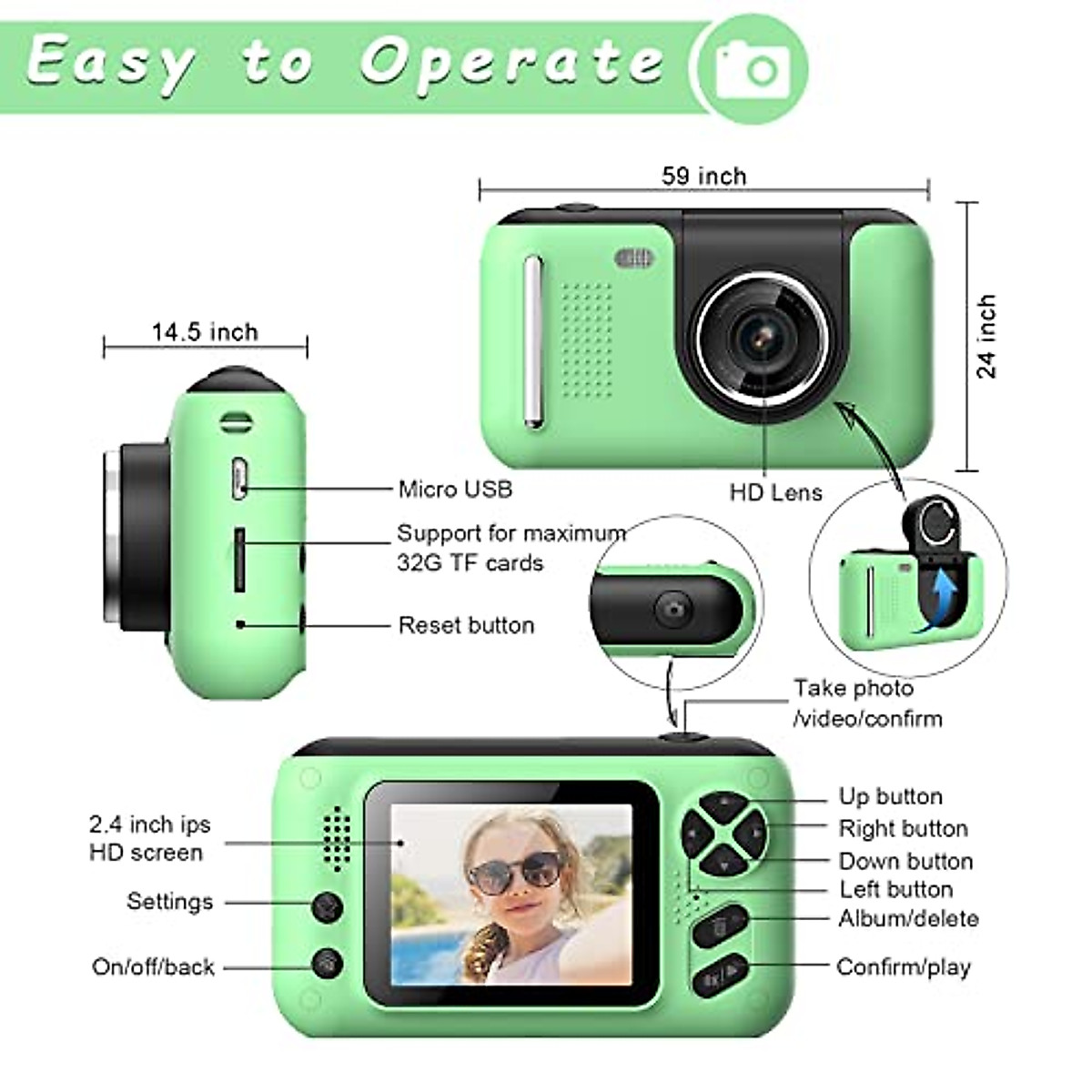 Kids Camera, Kids Digital Camera, HD Digital Video Cameras with Flip Lens Camera for Toddler,Christmas Birthday Gifts for Boys and Girls Portable Toy for Age 3-9 Childrens with 32GB SD Card-Green