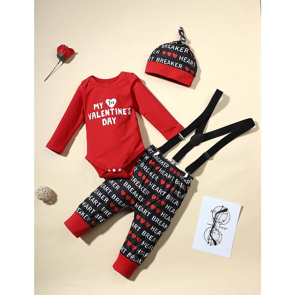 WIQI My First Valentine's Day Outfit Infant Baby Boy Spring Clothes Long Sleeve Romper and Love Heart Pants For 9-12 Months Baby Boys