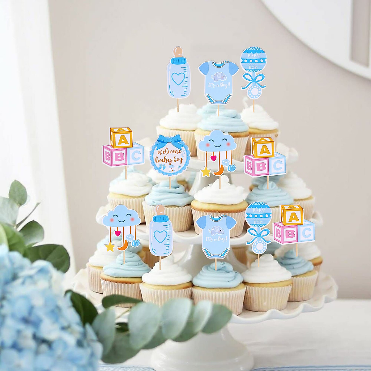 36 PCS Oh Baby Cupcake Toppers Double Sided Pacifier Cloud Moon Star Welcome Baby Boy Cupcake Picks Baby Shower It's a Boy Cake Decorations for Baby Shower Kids Boys Birthday Party Supplies Blue