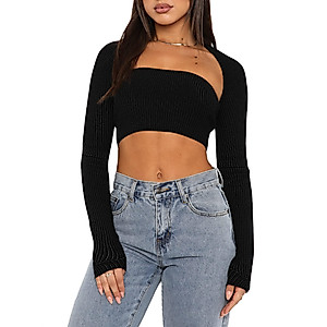 Remidoo Women's Bolero Top Rib Knit Open Front Sexy Long Sleeve T Shirt Crop Tops Black Small