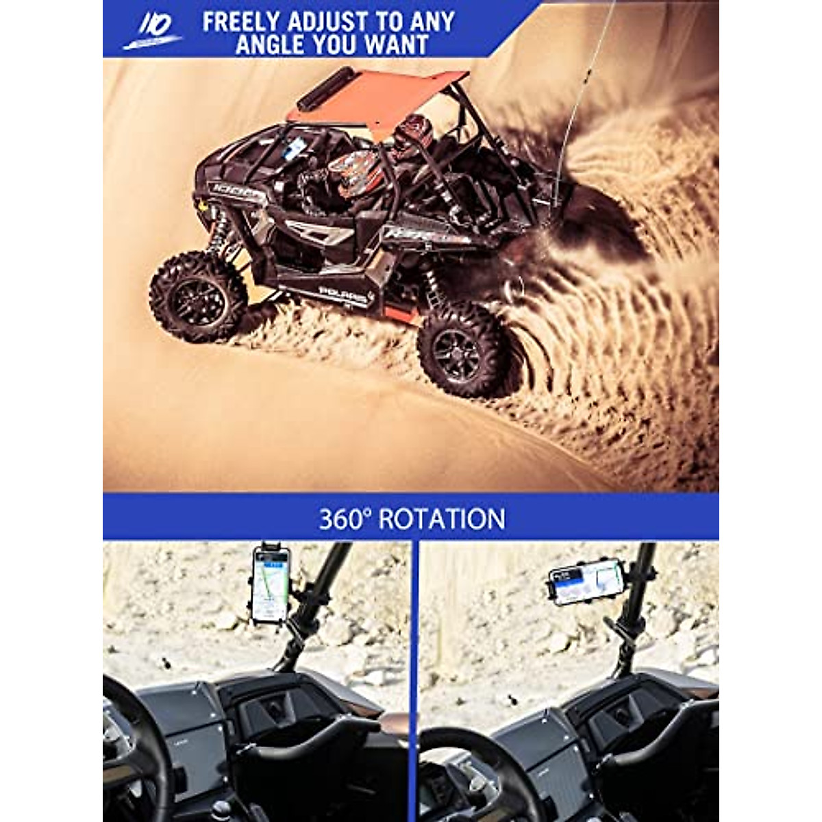 UTV Phone Mount, 360°Rotation ATV Phone Holder Easily Install on 1.75-2" Roll Bar, One Hand Operation Phone Carrier, 8 Claws and Aluminum Alloy Sturdy to Hold 4.7"-7.1" Devices for UTV, SXS