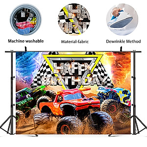 Newsely Truck Themed Birthday Party Supplies Backdrop 7Wx5H Monster Boys Kids Happy Birthday Background Photography Jam Burning Flame Car Grave Digger Party Decorations Banner Photo Booth Props