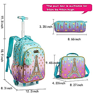 Jasminestar Rolling Backpack 18 inch Wheeled Kids Backpack with Insulated Lunch Bag and Pencil Case for Boys and Girls