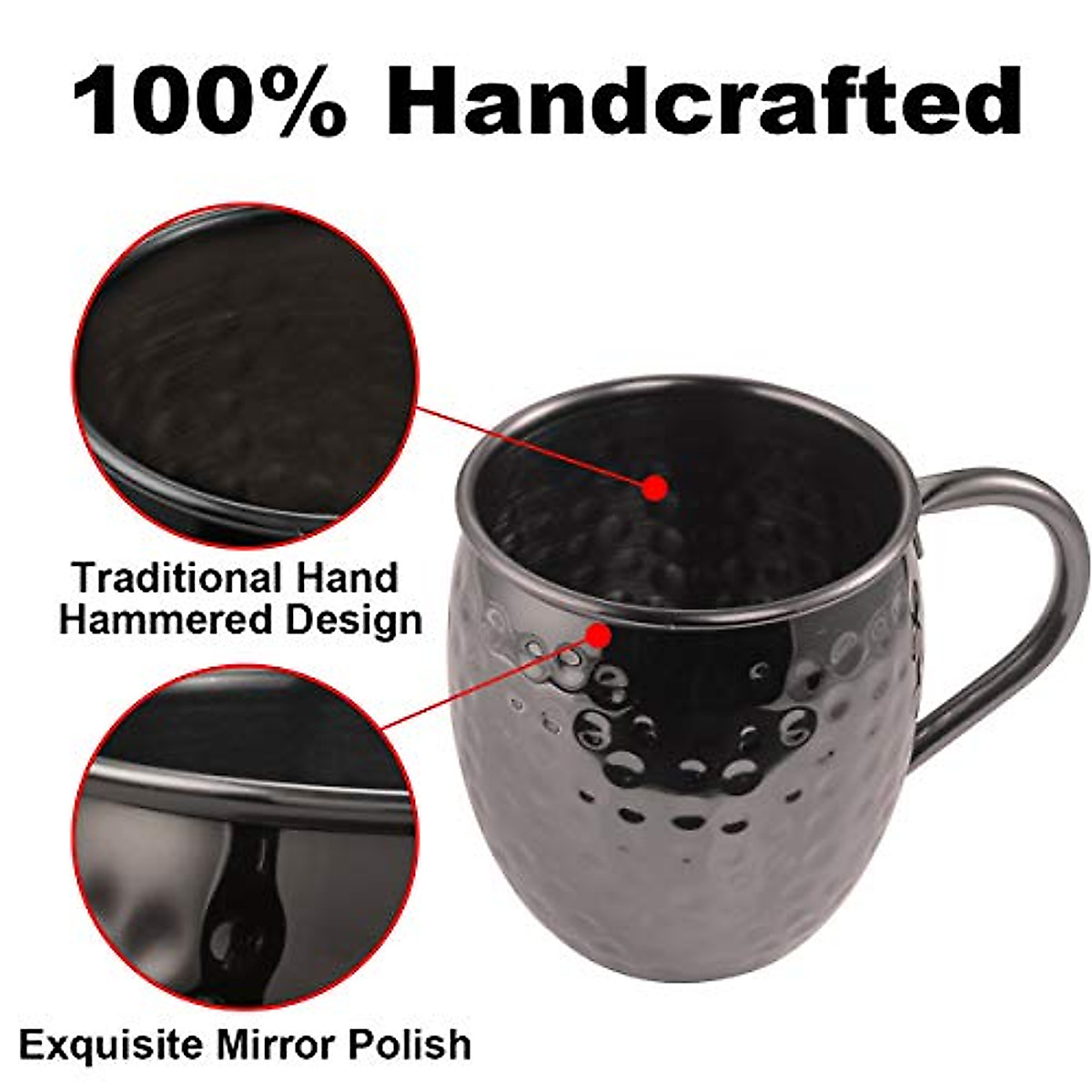 DUNCHATY Moscow Mule Mugs Set of 4, Gift Set Black Mule Mugs Pure Solid Hammered Stainless Steel Mule Mug for Drinking, 16OZ Food Safe 100% Handcrafted Moscow Mule Kit